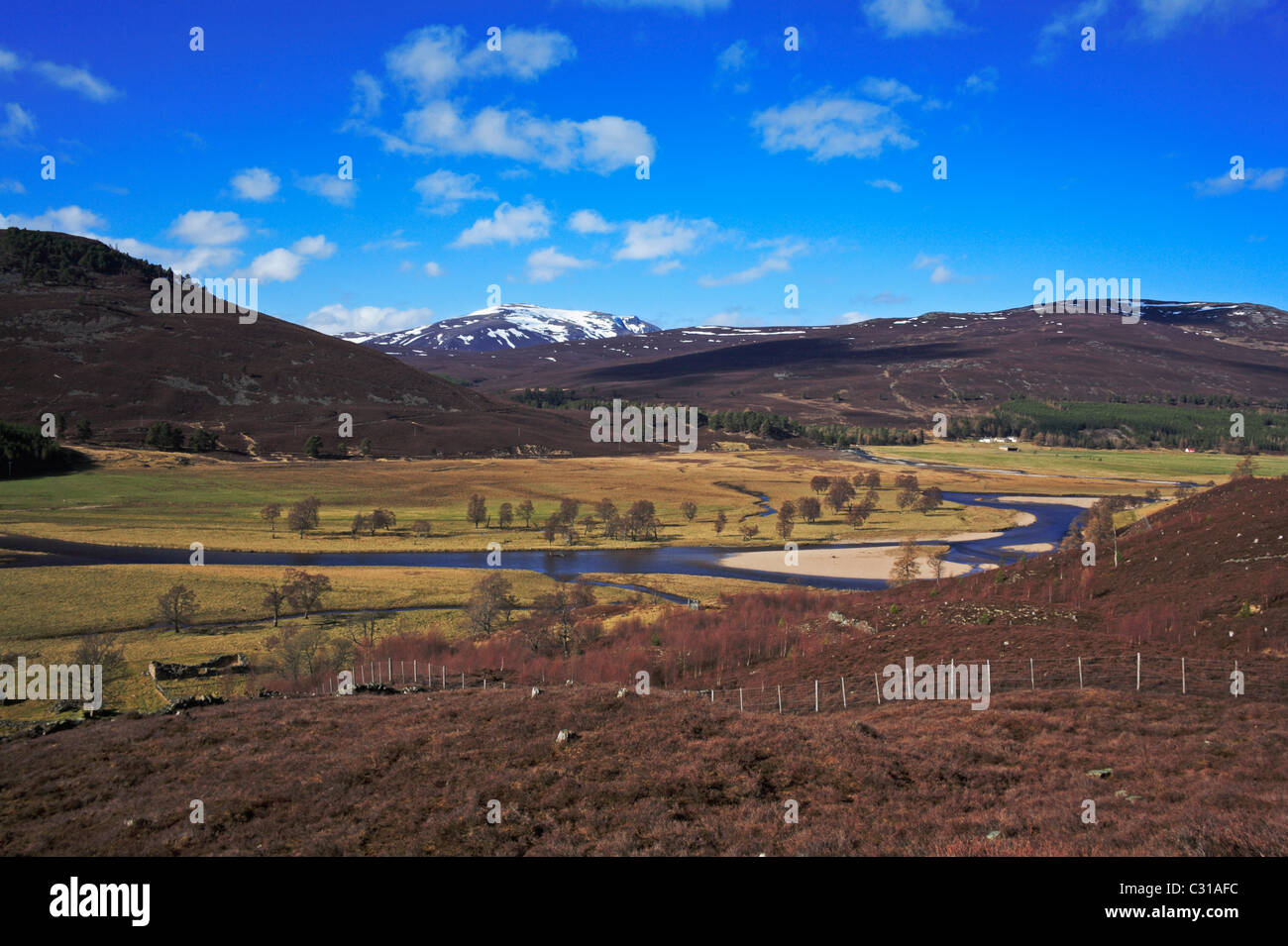 A view across the Dee Valley towards the Linn of Quoich near Braemar ...