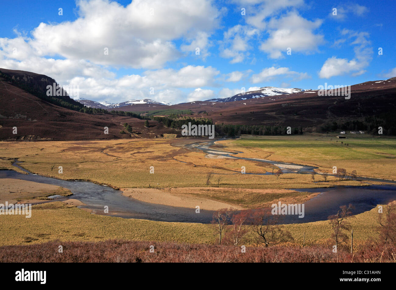 A view across the flood plain of the River Dee towards the Linn of ...