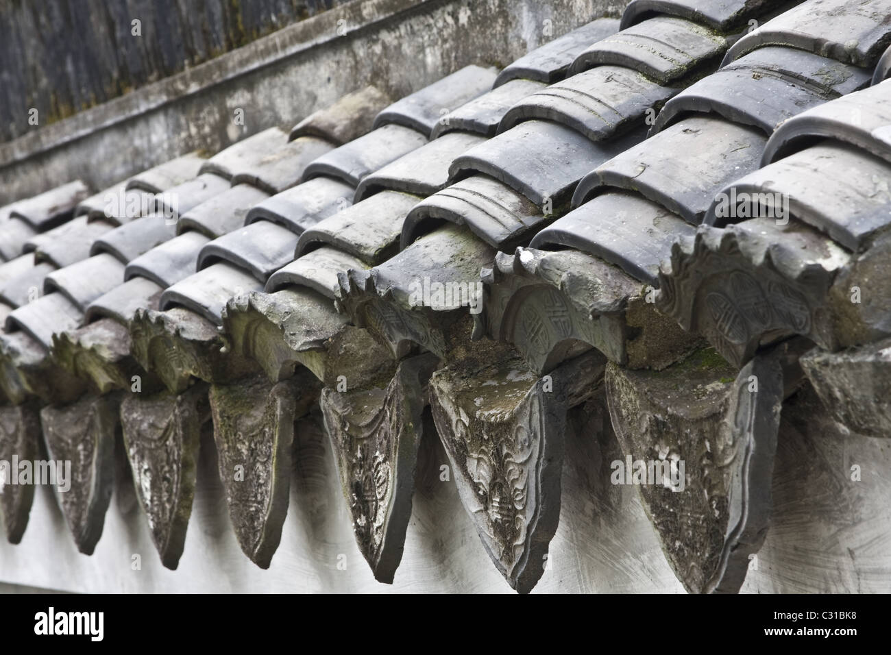 An aerial view over Chinese tiles roofs in an ancient Chinese village ...