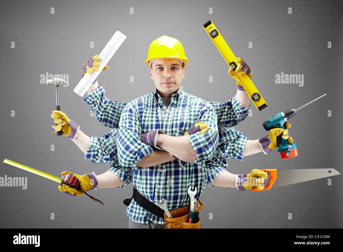 Portrait of serious craftsman with different tools in six hands Stock ...
