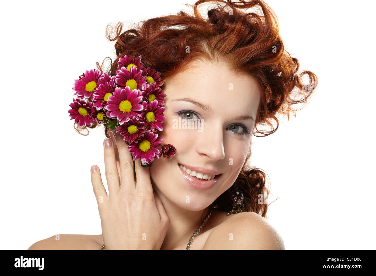 Portrait of a happy women with flowers Stock Photo - Alamy