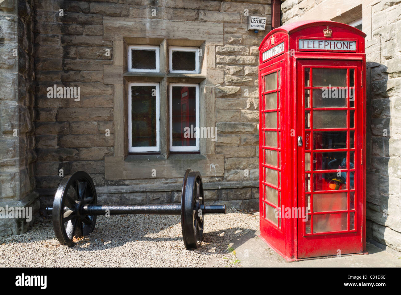 Telephone box and train chassis outside Bridgenorth steam railway ...