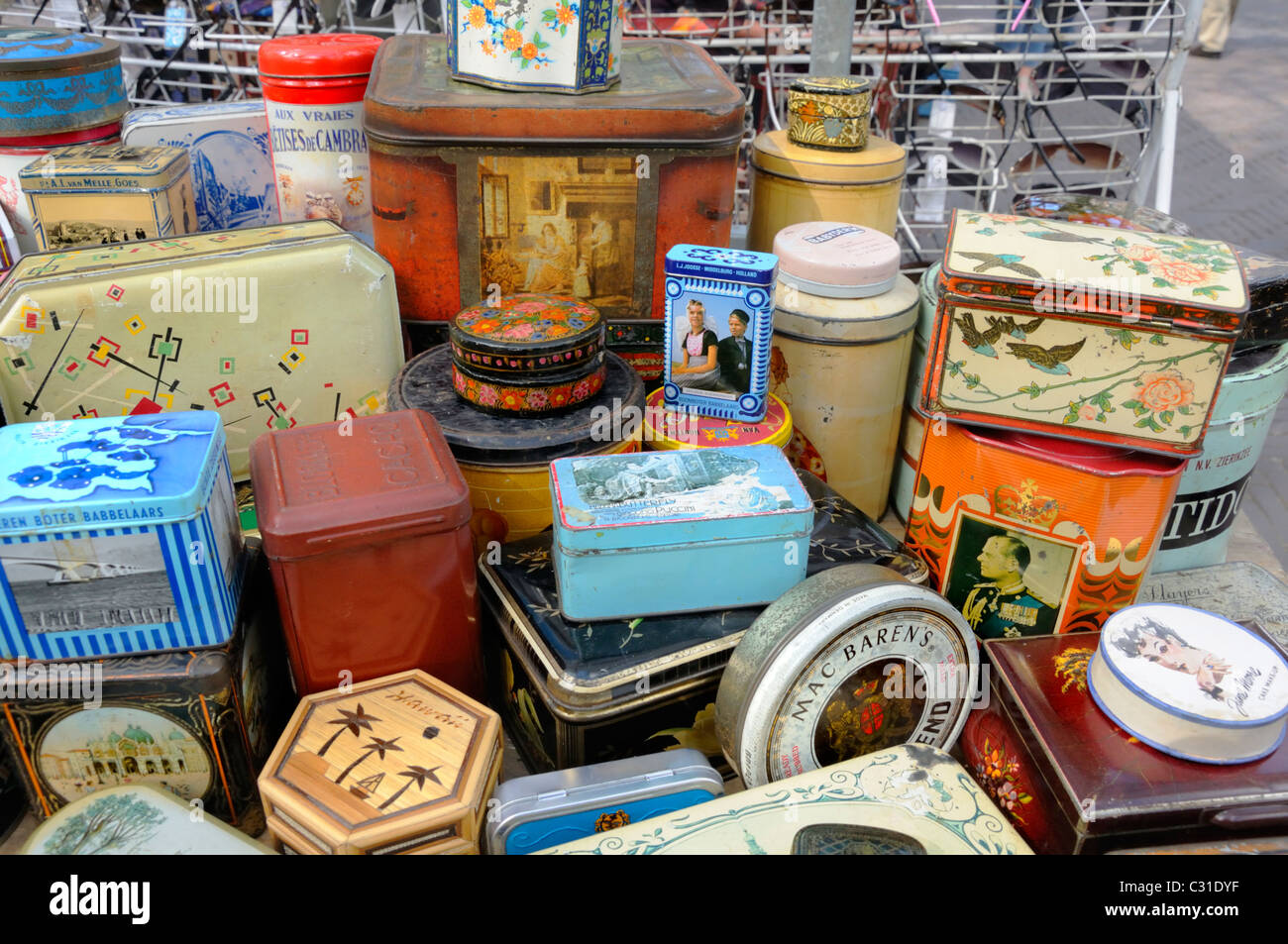 Amsterdam, Netherlands. Waterlooplein flea market - stall with tins ...