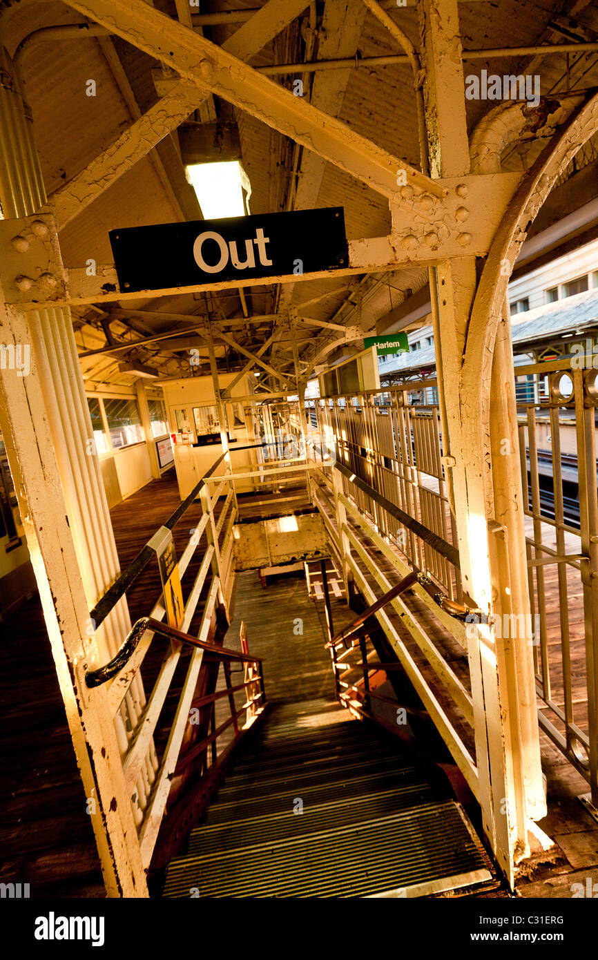 Exit to the station transit lines on the stairs of the "L", the ...