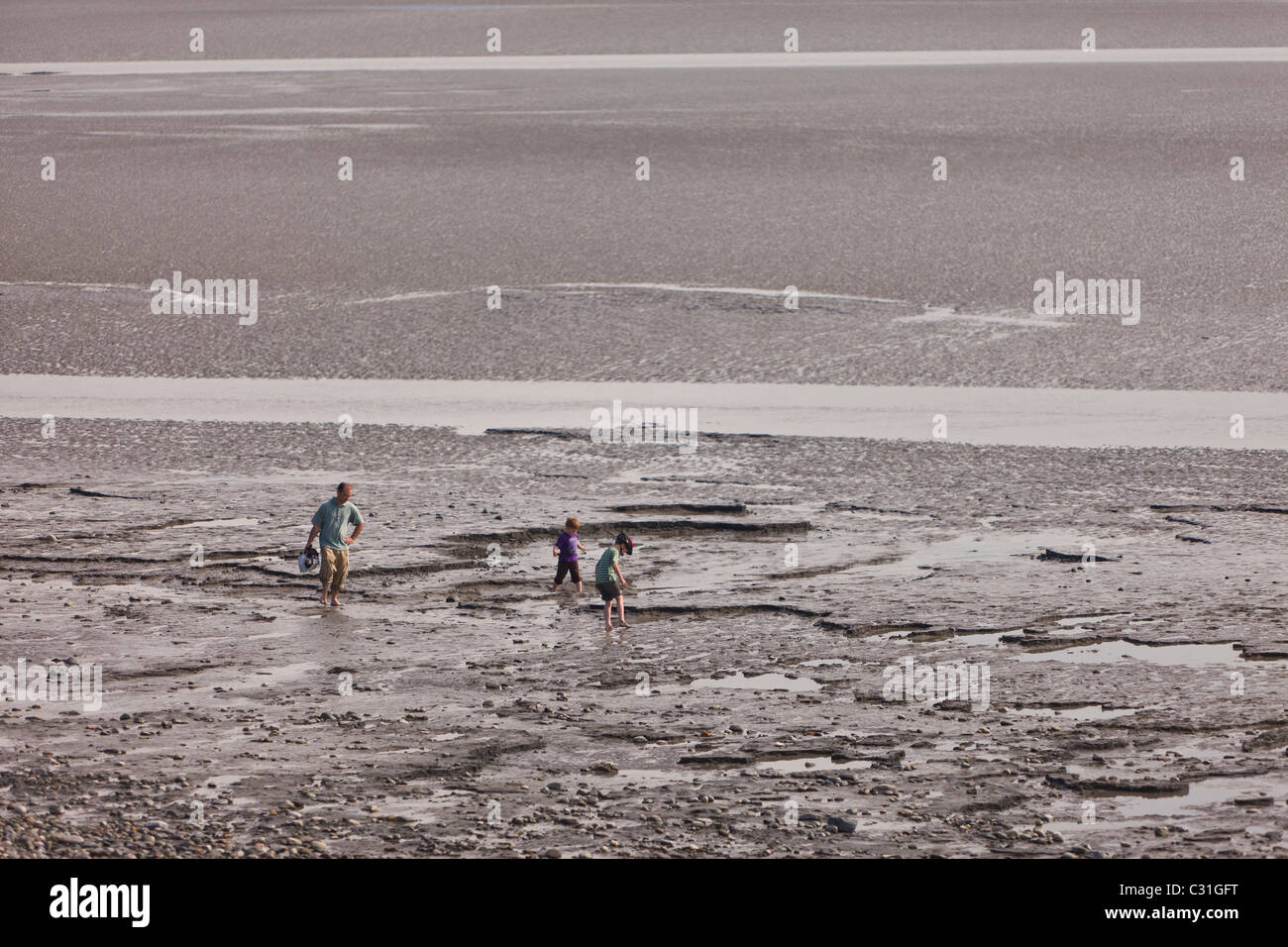 ANCHORAGE, ALASKA, USA - People on mud flats at low tide in summer ...