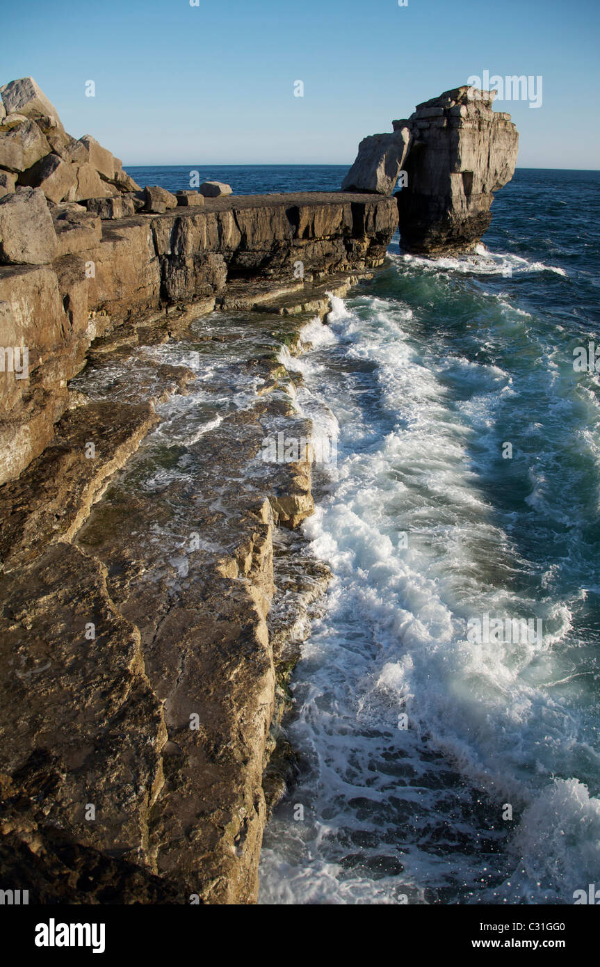 Pulpit Rock in a stormy sea. This massive limestone stack stands just ...