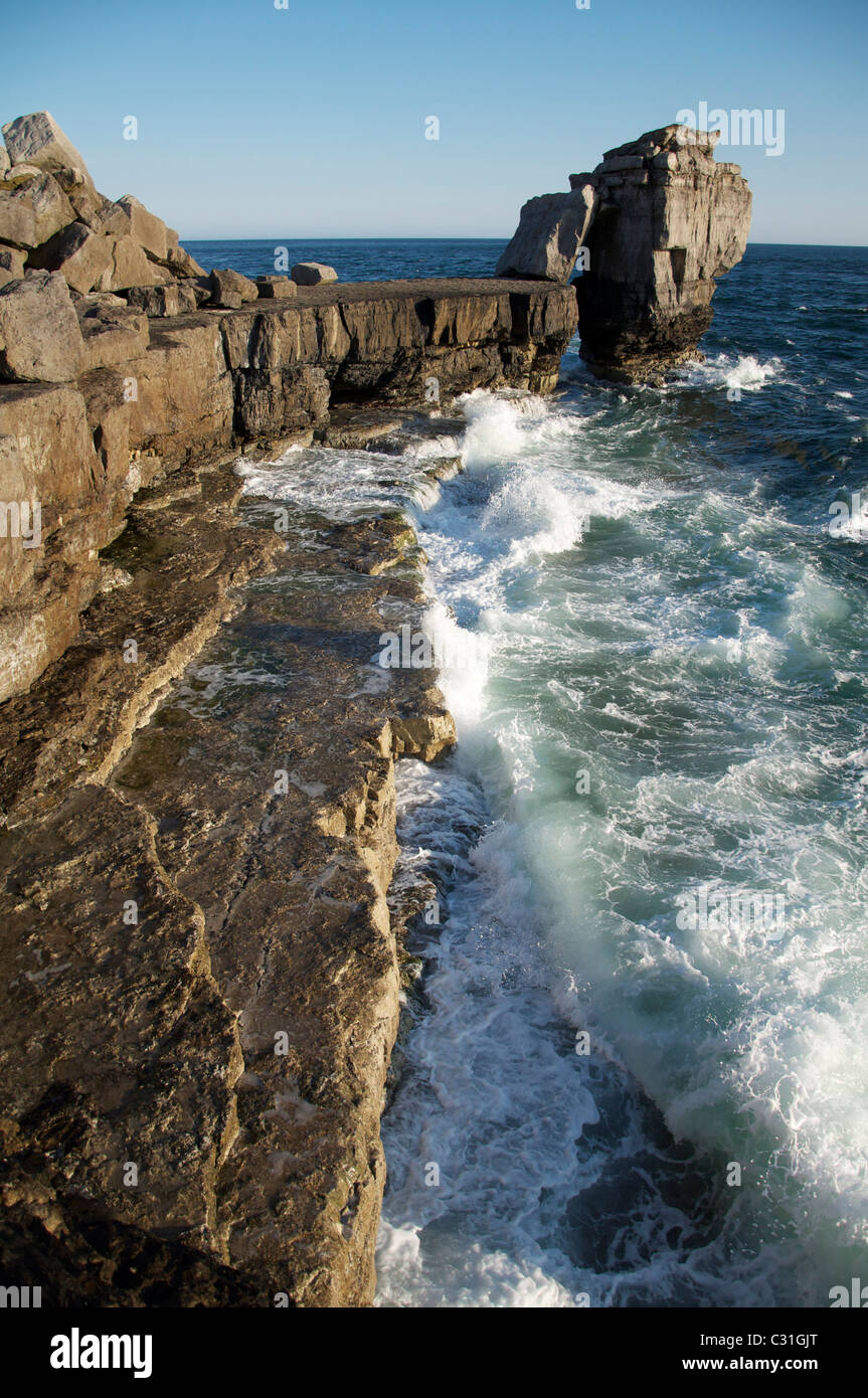 Pulpit Rock in a stormy sea. This massive limestone stack stands just ...