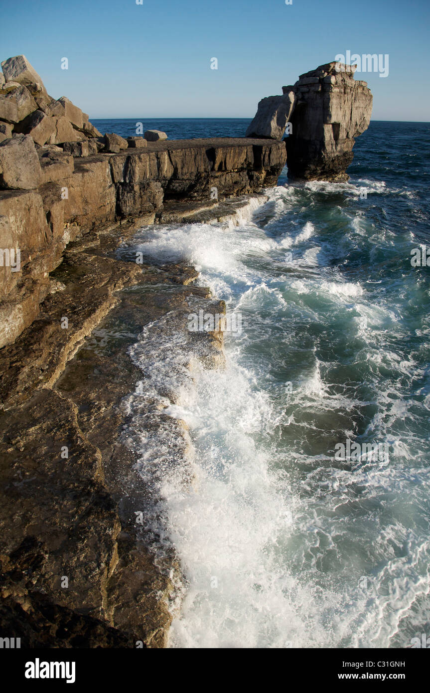 Pulpit Rock in a stormy sea. This massive limestone stack stands just ...
