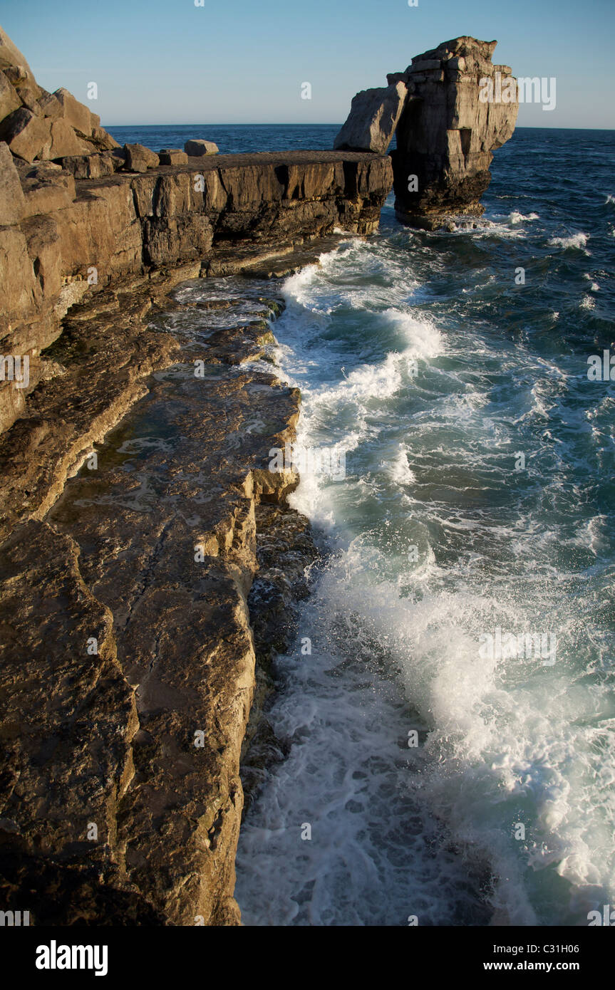 Pulpit Rock in a stormy sea. This massive limestone stack stands just ...