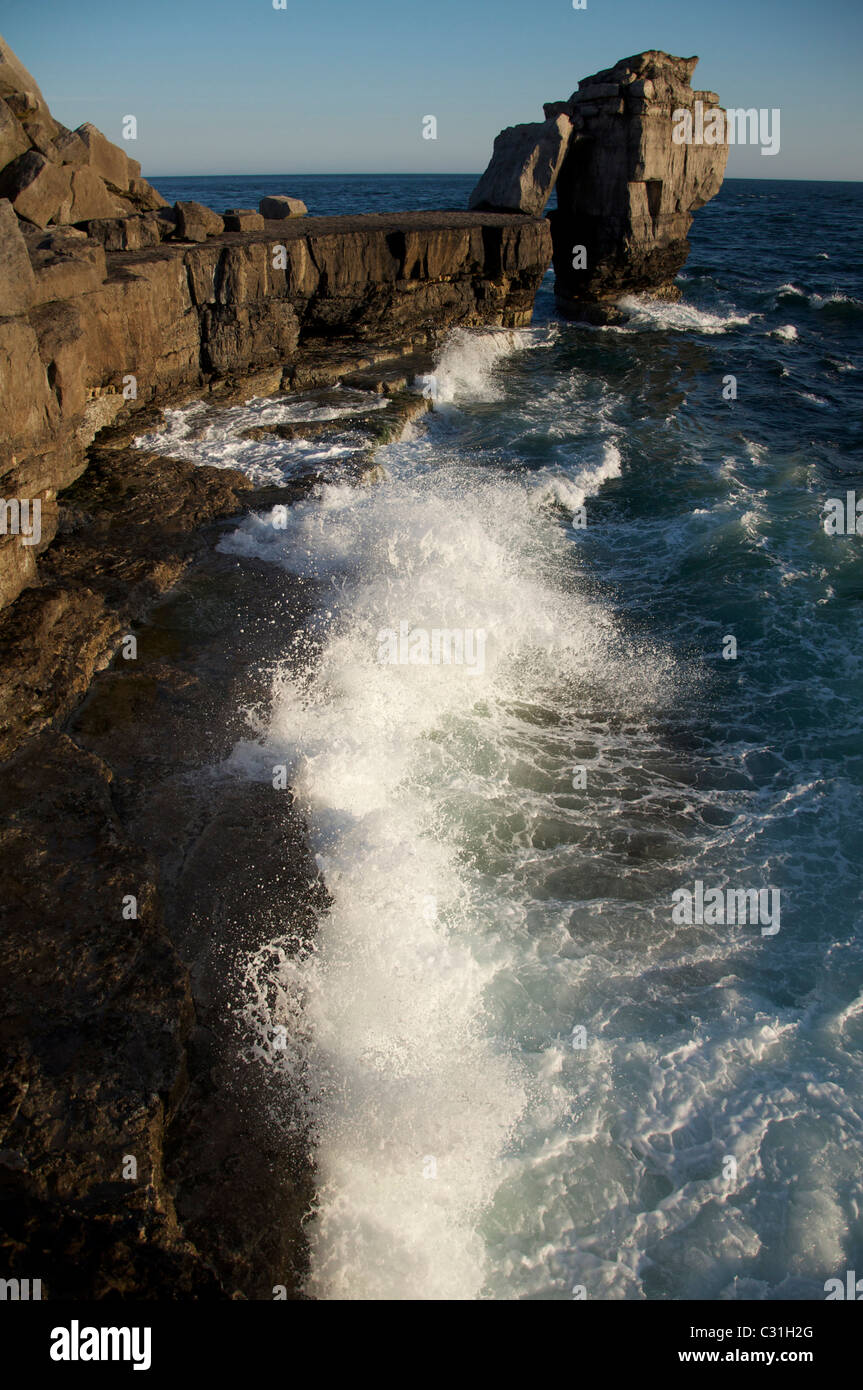 Pulpit Rock in a stormy sea. This massive limestone stack stands just ...