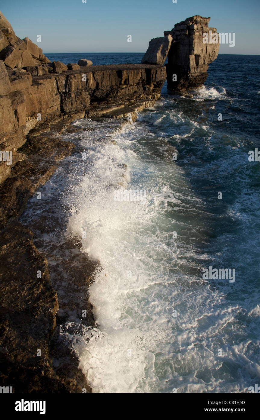 Pulpit Rock in a stormy sea. This massive limestone stack stands just ...