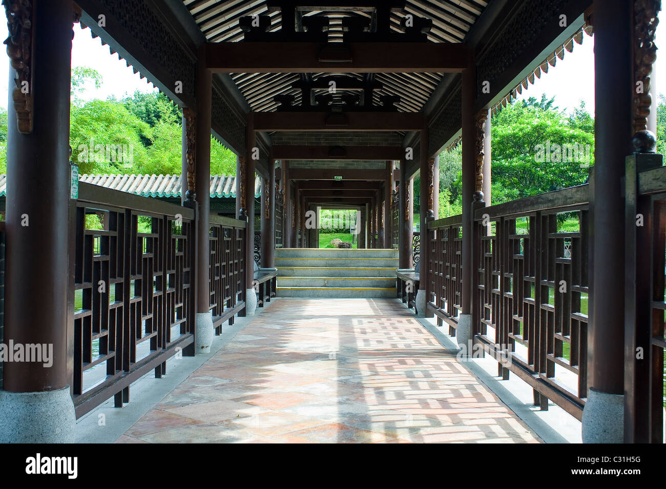 Traditional Chinese architecture, long corridor in outdoor park Stock ...