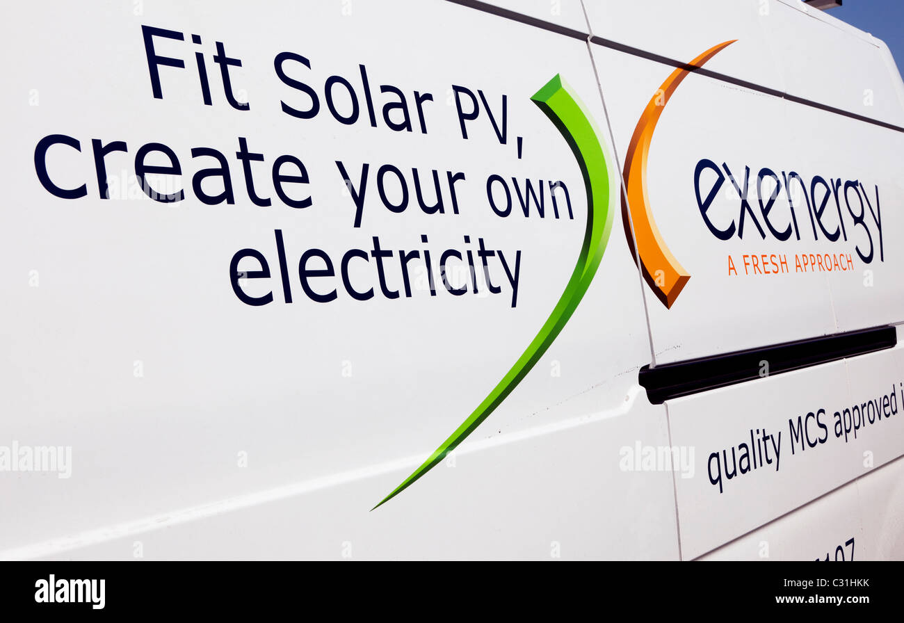 Solar pv photovoltaic installer sign on van Wales UK Stock Photo - Alamy