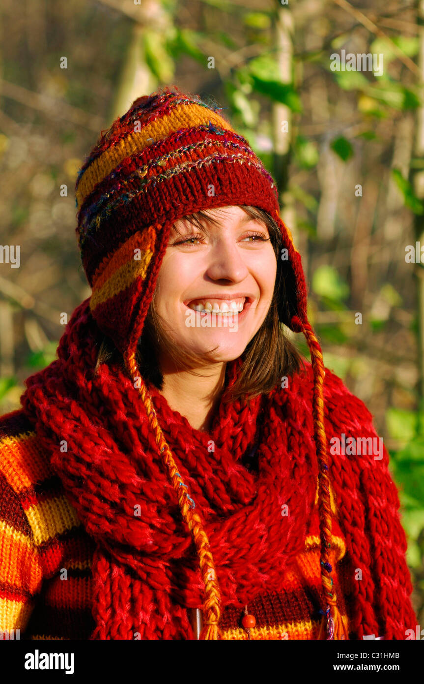 PORTRAIT. YOUNG WOMEN WEARING A PERUVIAN CAP IN THE FOREST Stock Photo ...