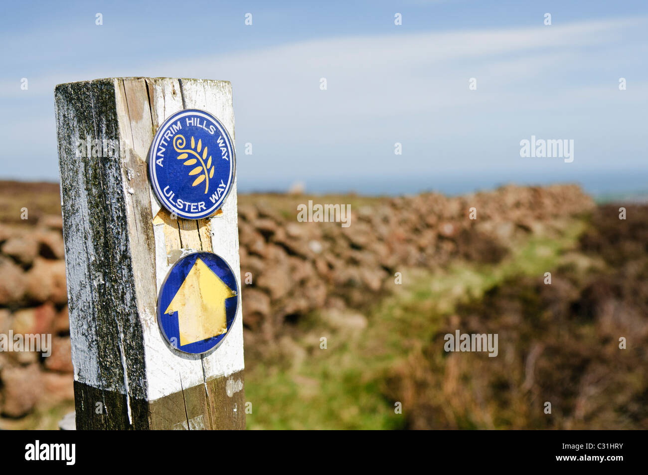 Direction sign post on the Antrim Hills Way, part of the Ulster Way ...