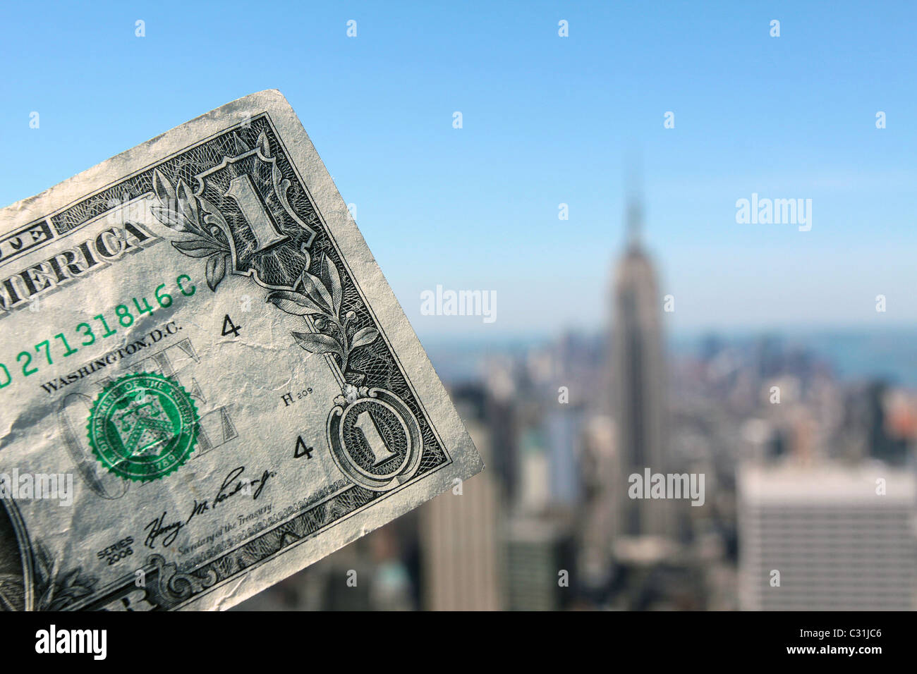 ONE-DOLLAR BILL FLOATING OVER MANHATTAN, NEW YORK CITY, NEW YORK STATE ...