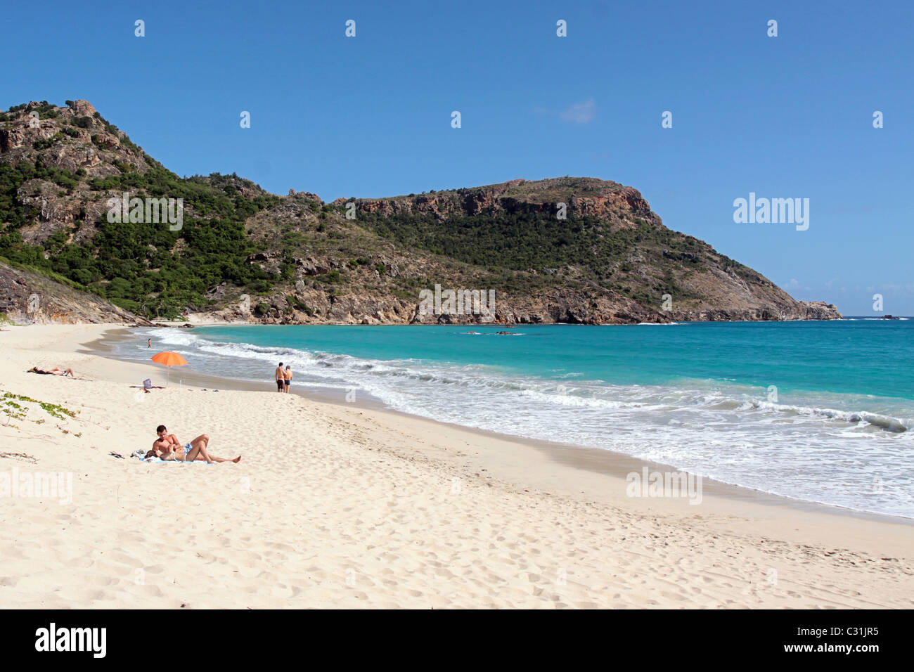 SUNBATHERS ON THE ANSE DE GRANDE SALINE BEACH, SAINT BARTHELEMY, FRENCH ...
