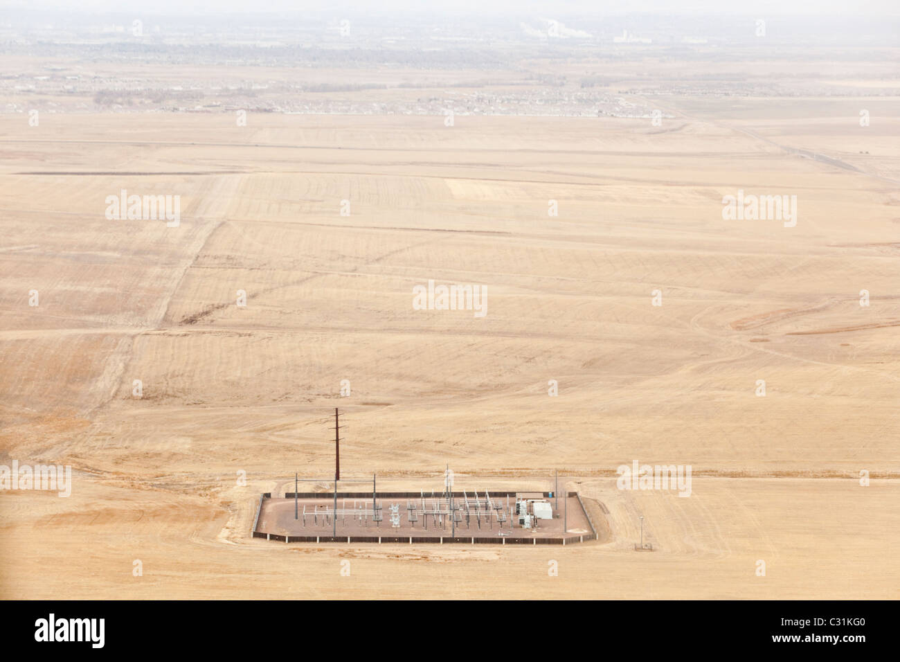 Aerial view of a remote high voltage electrical power distribution ...
