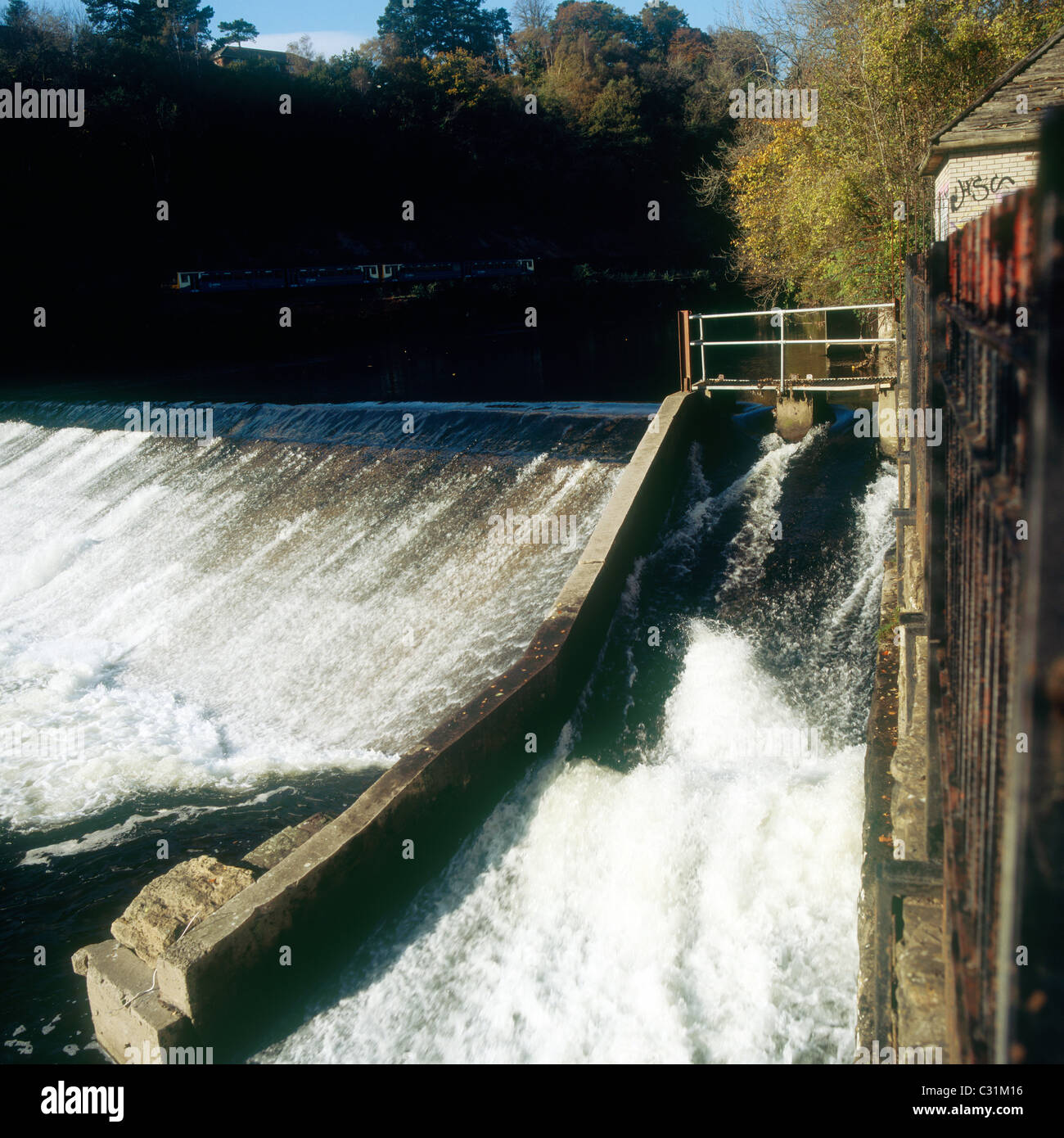 Weir and fish pass or ladder on the River Taff near Radyr, Cardiff ...