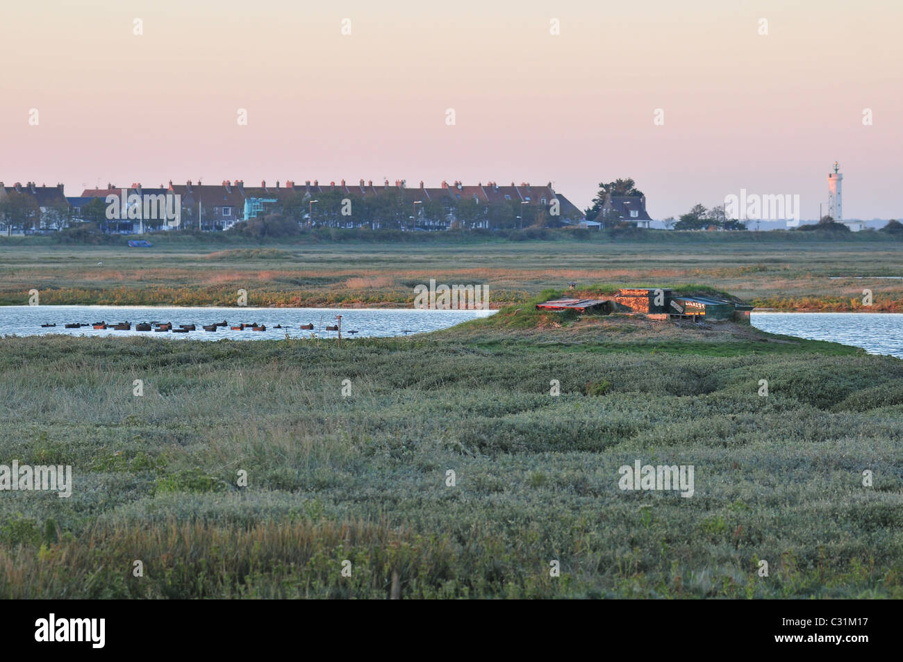 HUNTERS’ HIDE ON THE BANKS OF A POND AND, IN THE BACKGROUND, THE SMALL ...