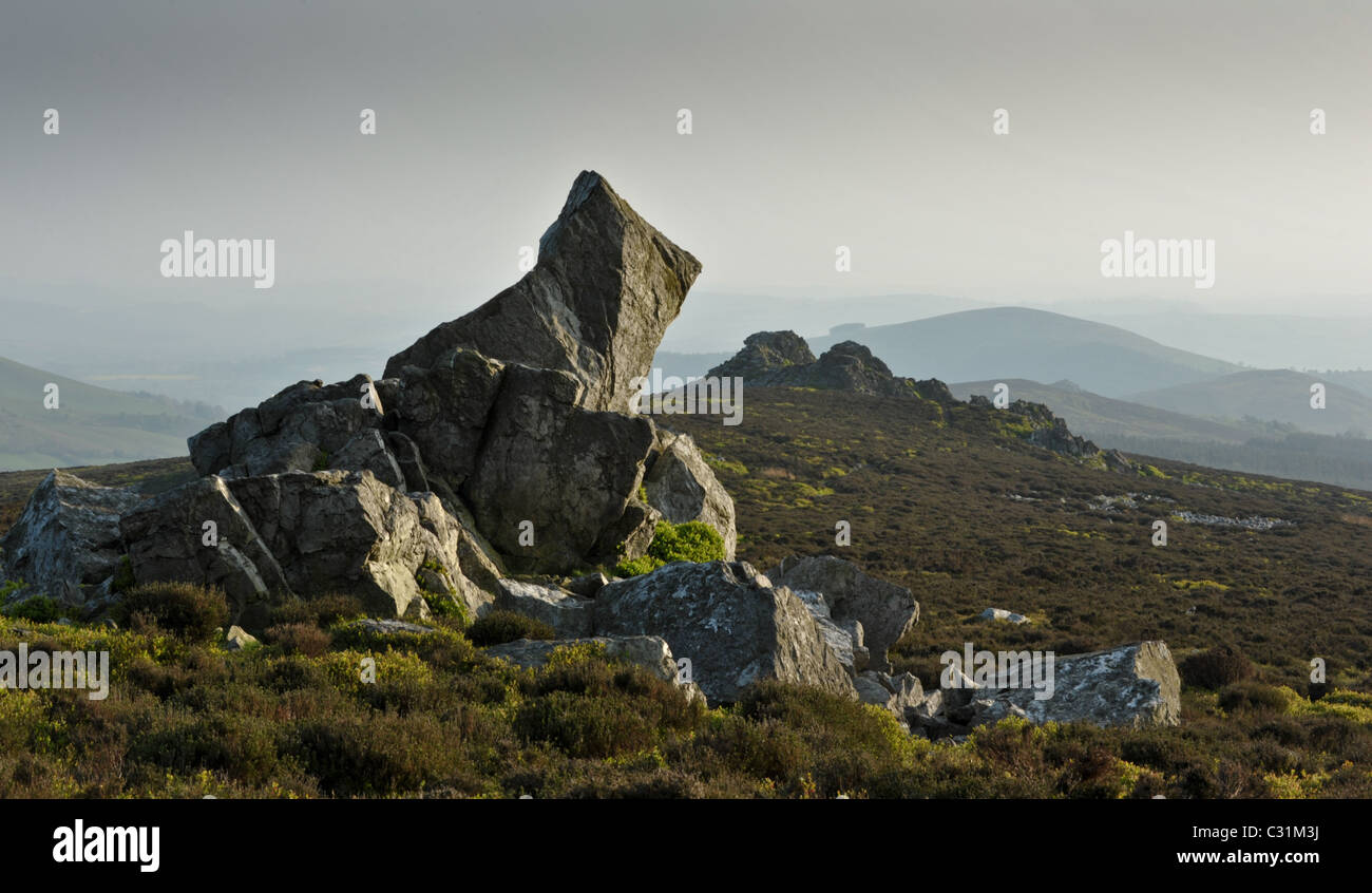 Stiperstones natural rock formation with Shropshire moorland and hills ...