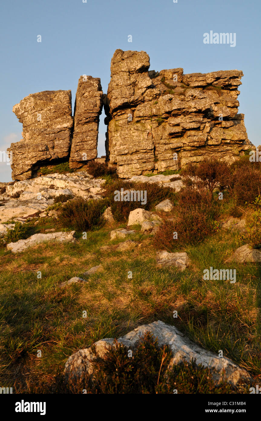 Stiperstones natural rock formation with Shropshire moorland in early ...