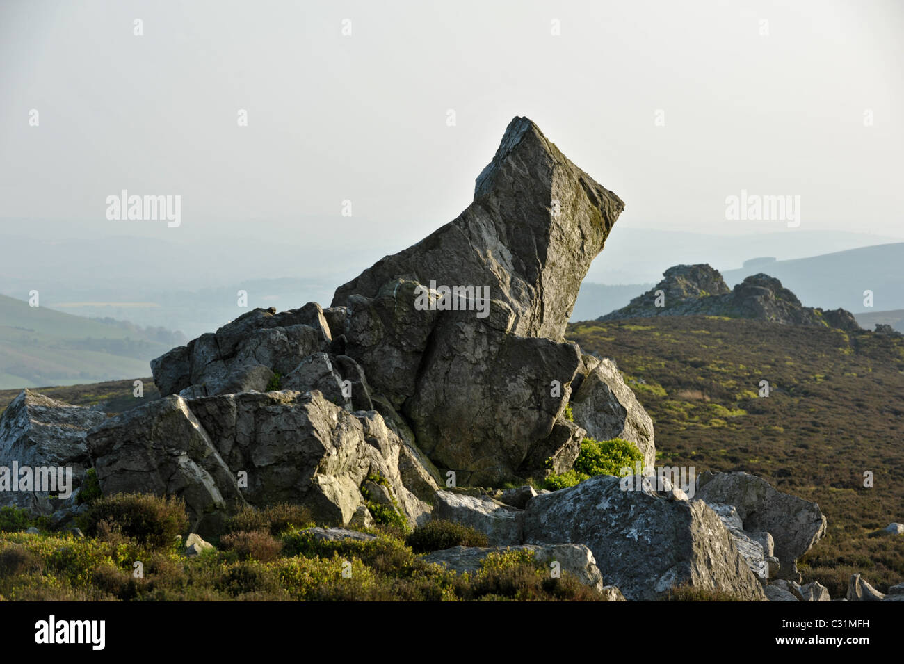Stiperstones natural rock formation with Shropshire moorland and hills ...