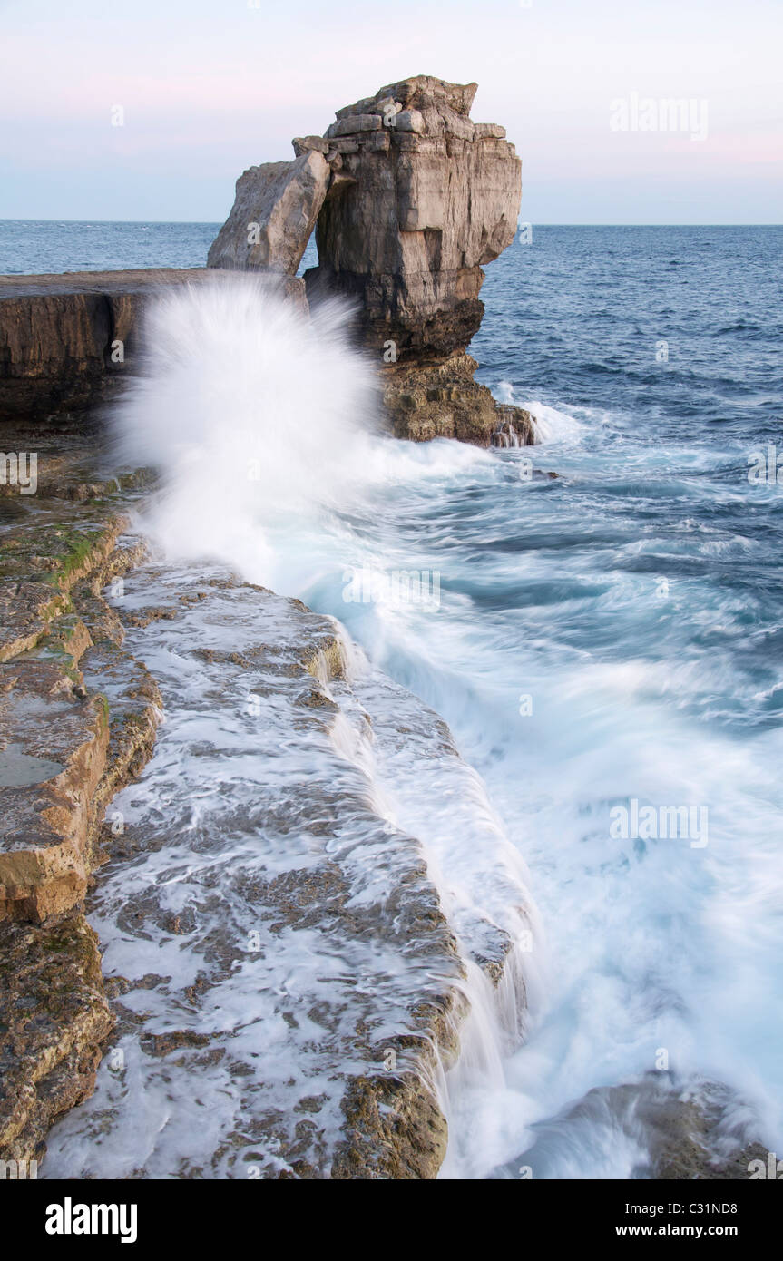 Pulpit Rock in a stormy sea. This massive limestone stack stands just ...