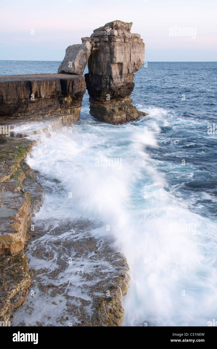 Pulpit Rock in a stormy sea. This massive limestone stack stands just ...