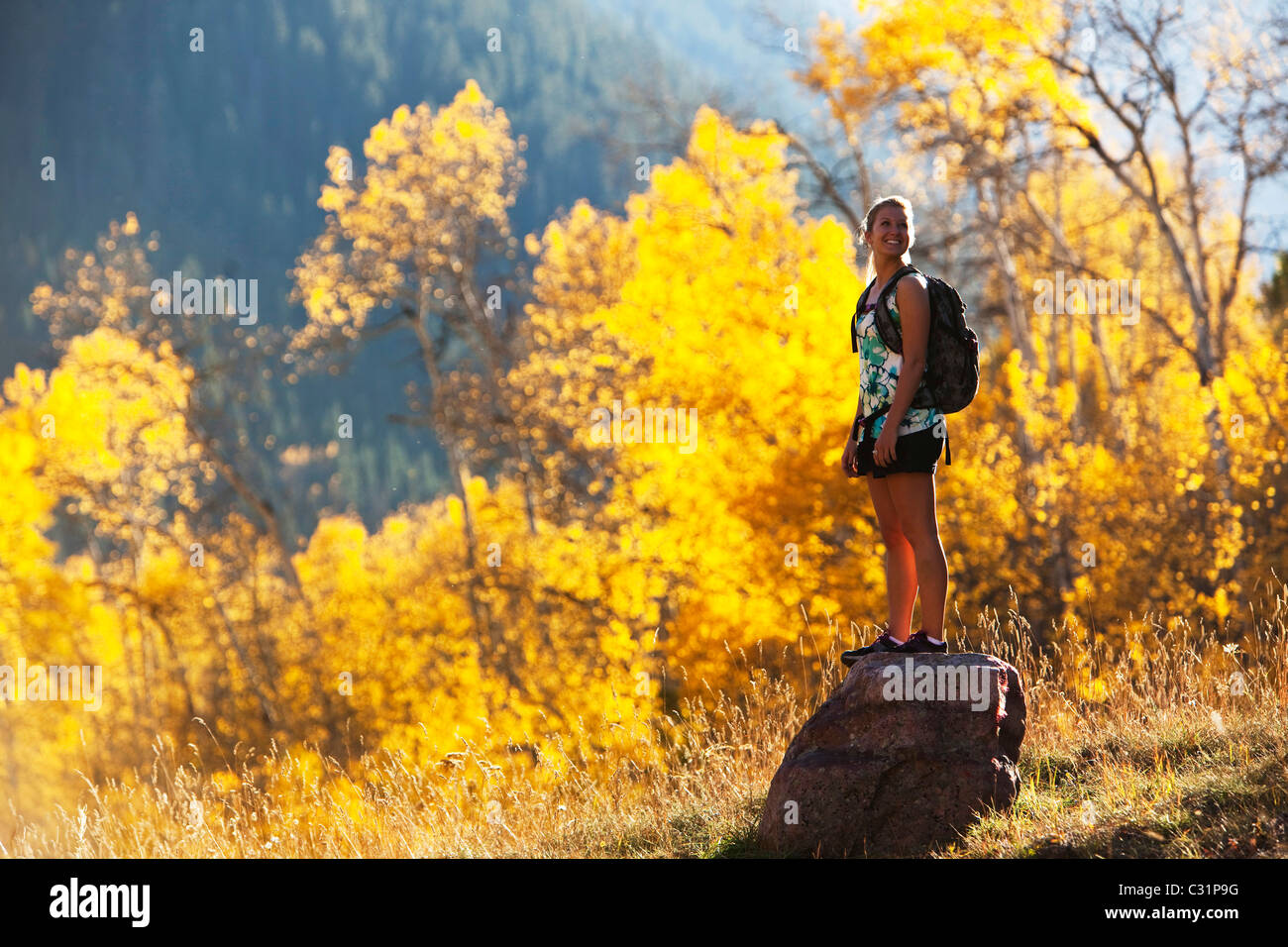 A young woman hiking stops and enjoys the beauty of the golden fall ...