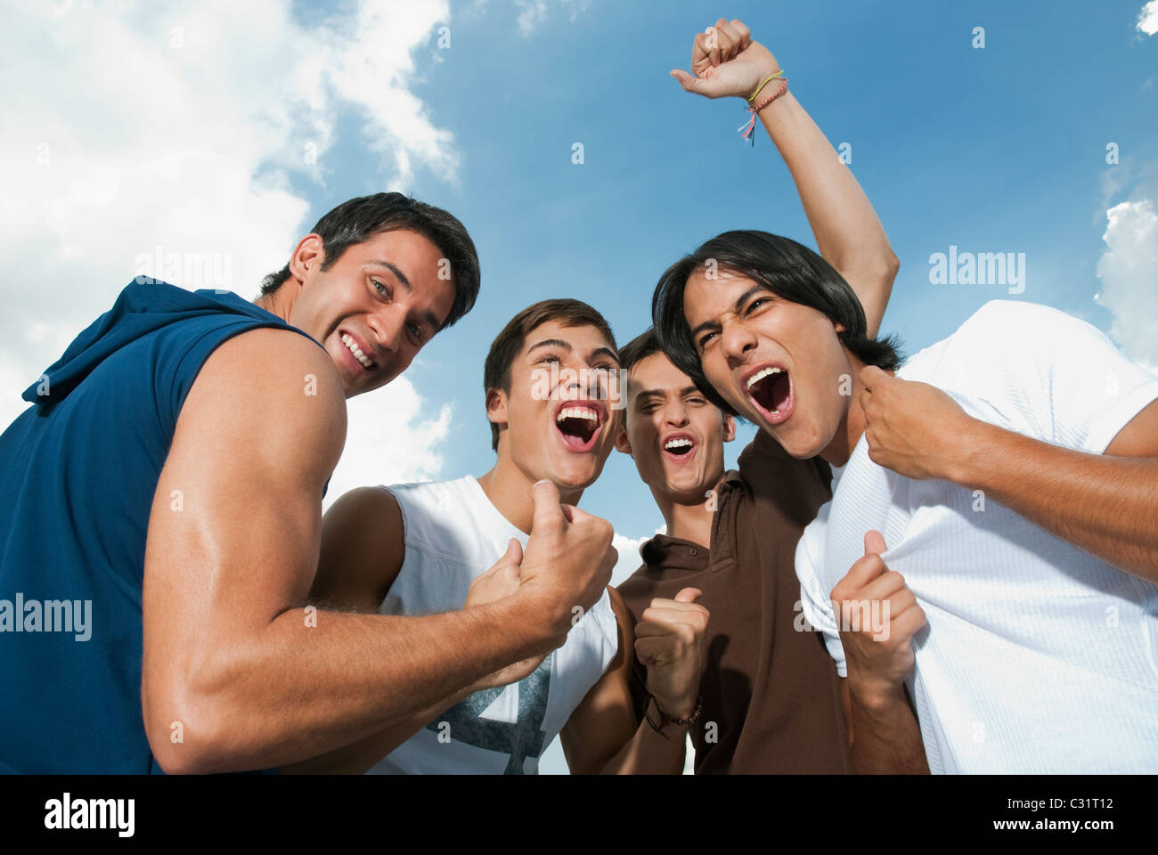 Friends cheering together Stock Photo - Alamy