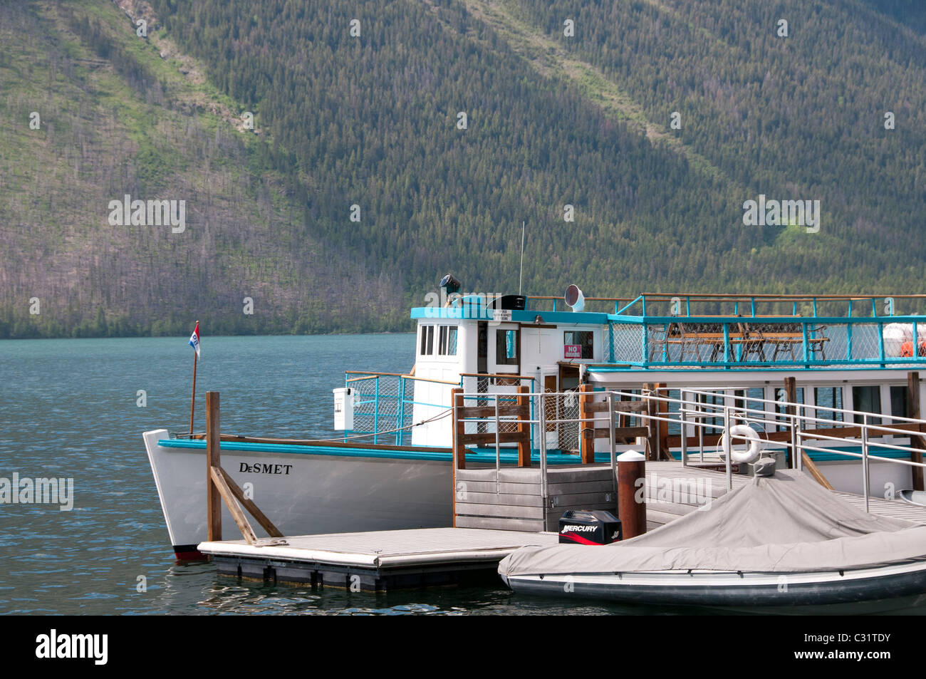 DeSmet boat at dock, Lake McDonald Lodge, Glacier National Park ...