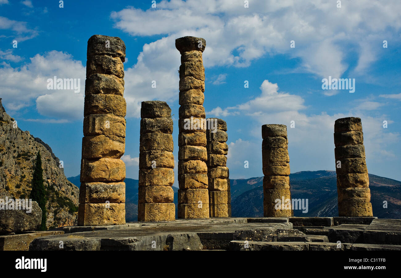 View of columns of the Temple of Apollo in Delphi, Greece Stock Photo ...
