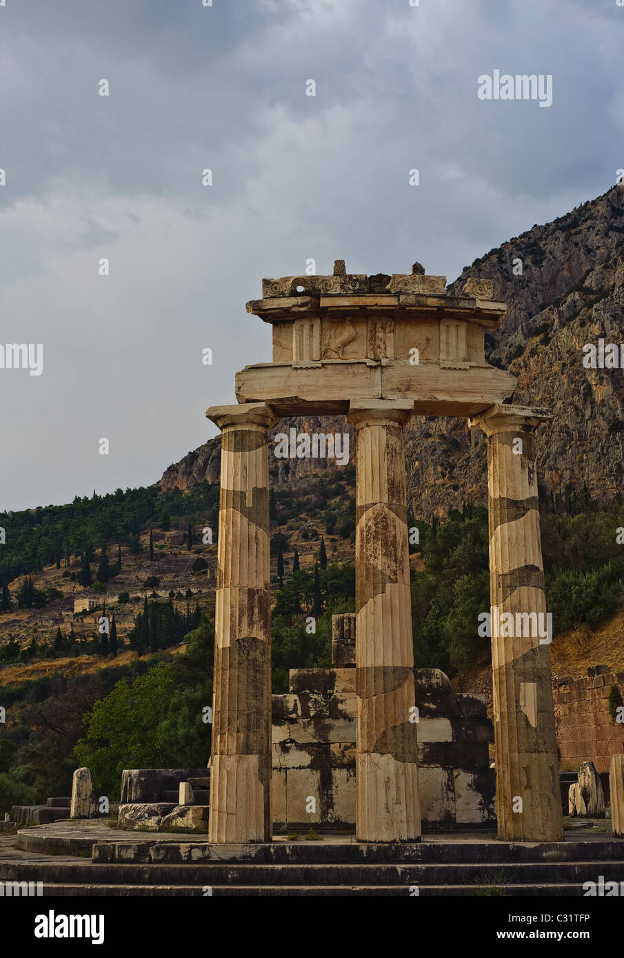 View of The Tholos at base of Mount Parnassus at Delphi, Greece Stock ...