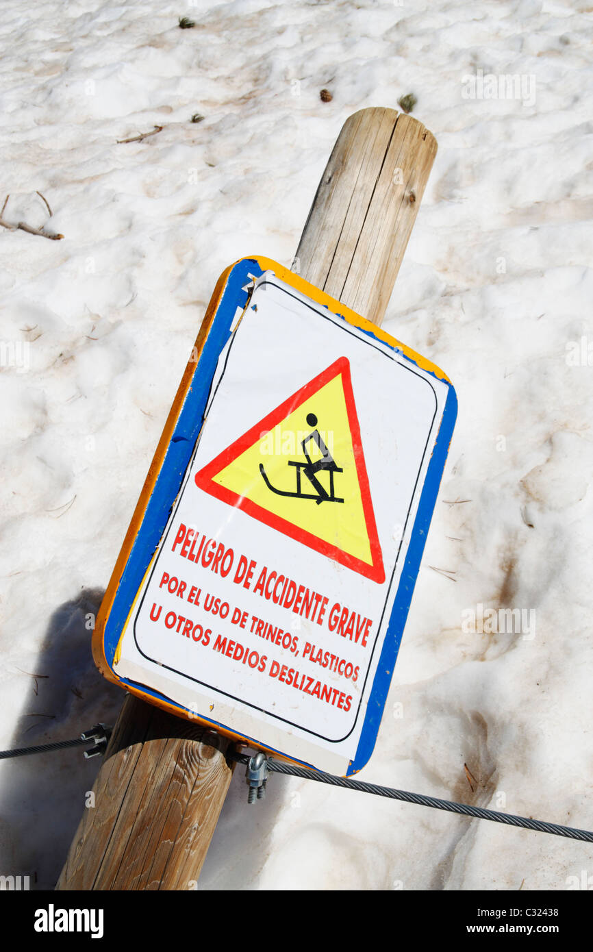 Sledge warning sign at Sierra Nevada ski resort near Granada, Andalusia ...