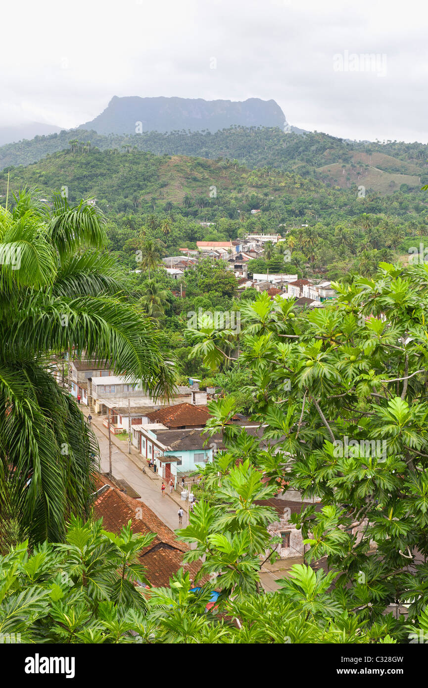 Downtown view of Baracoa, El Yunque Mountain in the background, Cuba ...