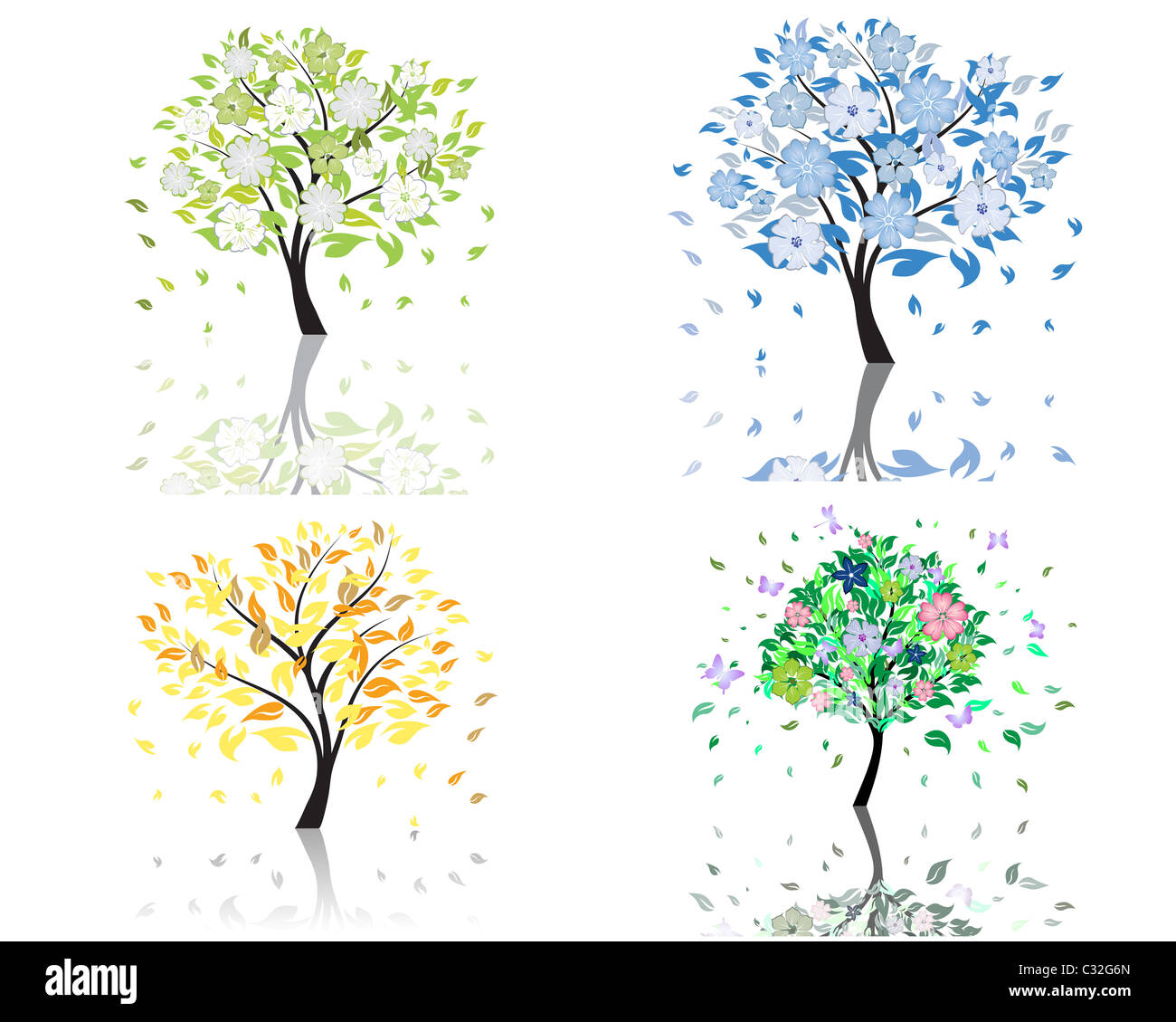 Set of beautiful summer tree with blossom flowers Stock Photo - Alamy