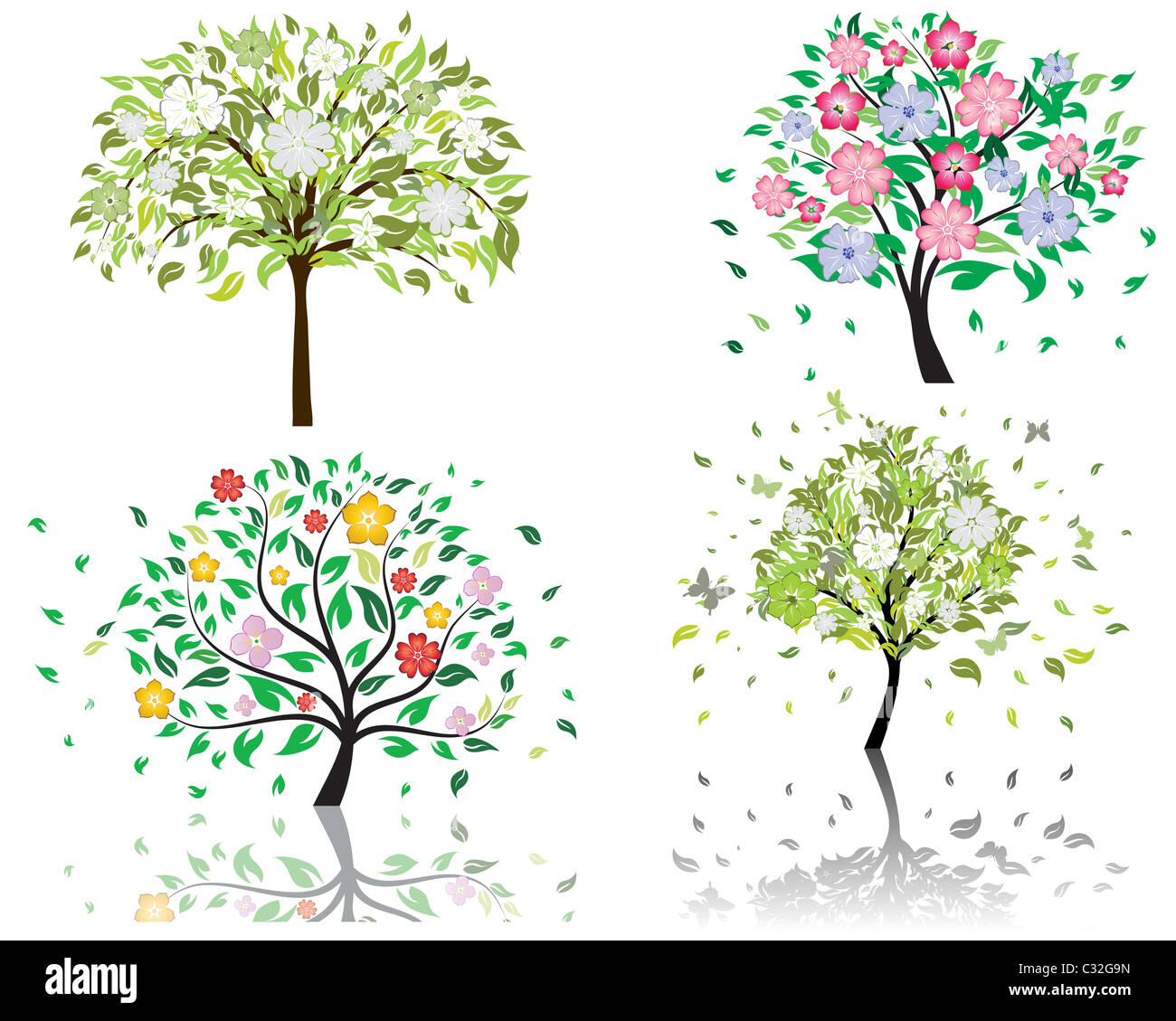 Set of beautiful summer tree with blossom flowers Stock Photo - Alamy