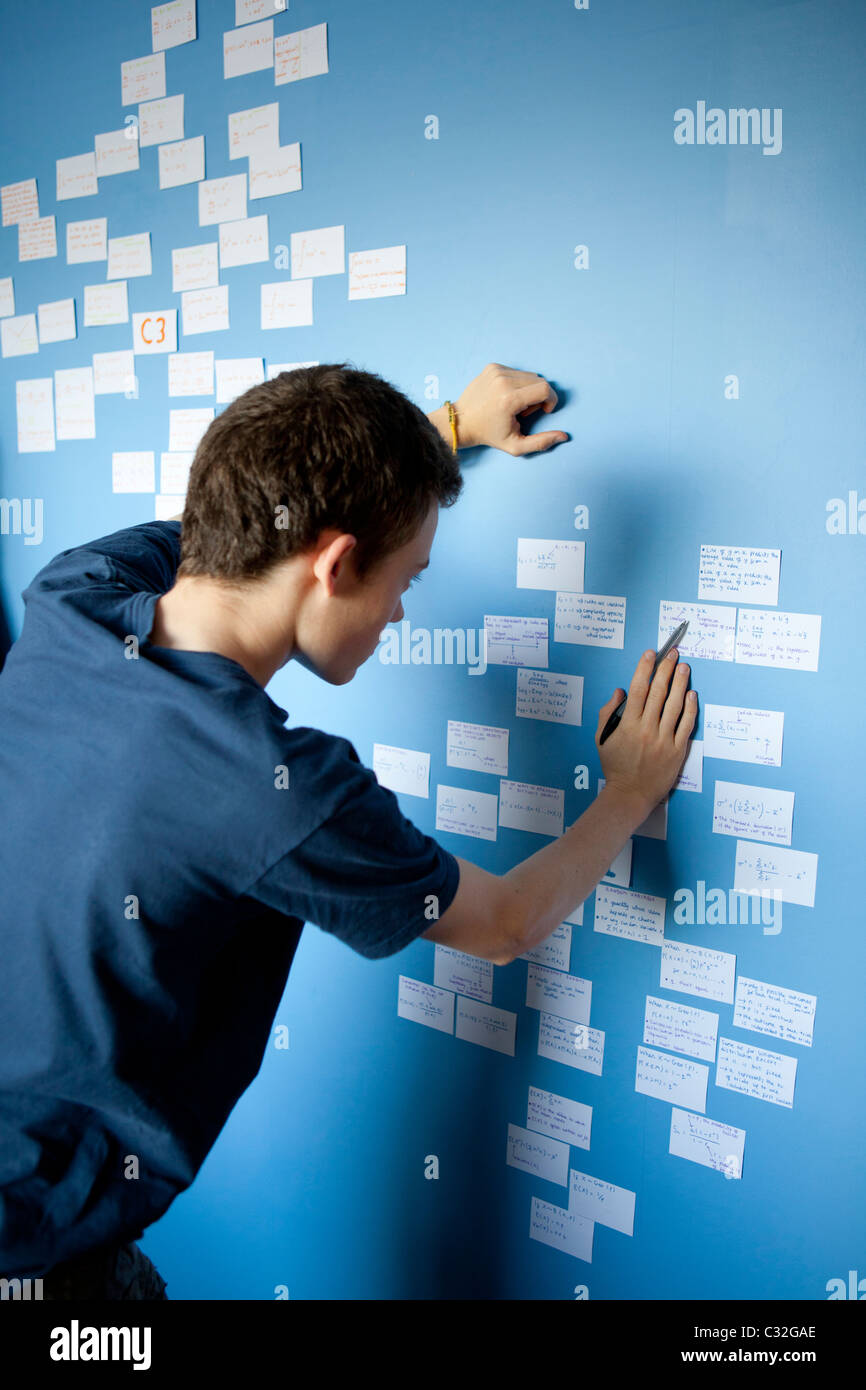 Teenage boy revising for Maths A Level with revision cards stuck on his ...