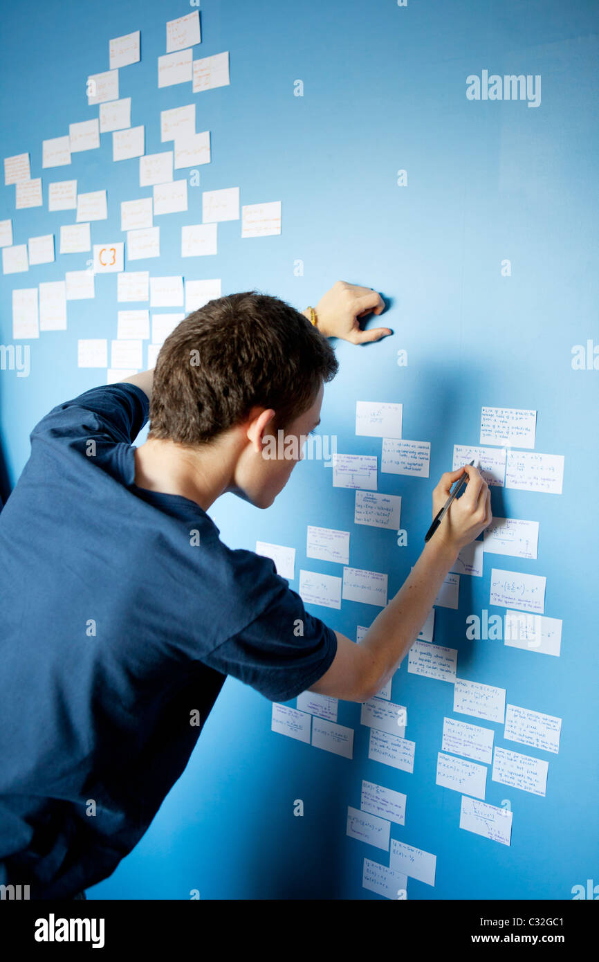 Teenage boy revising for Maths A Level with revision cards stuck on his ...