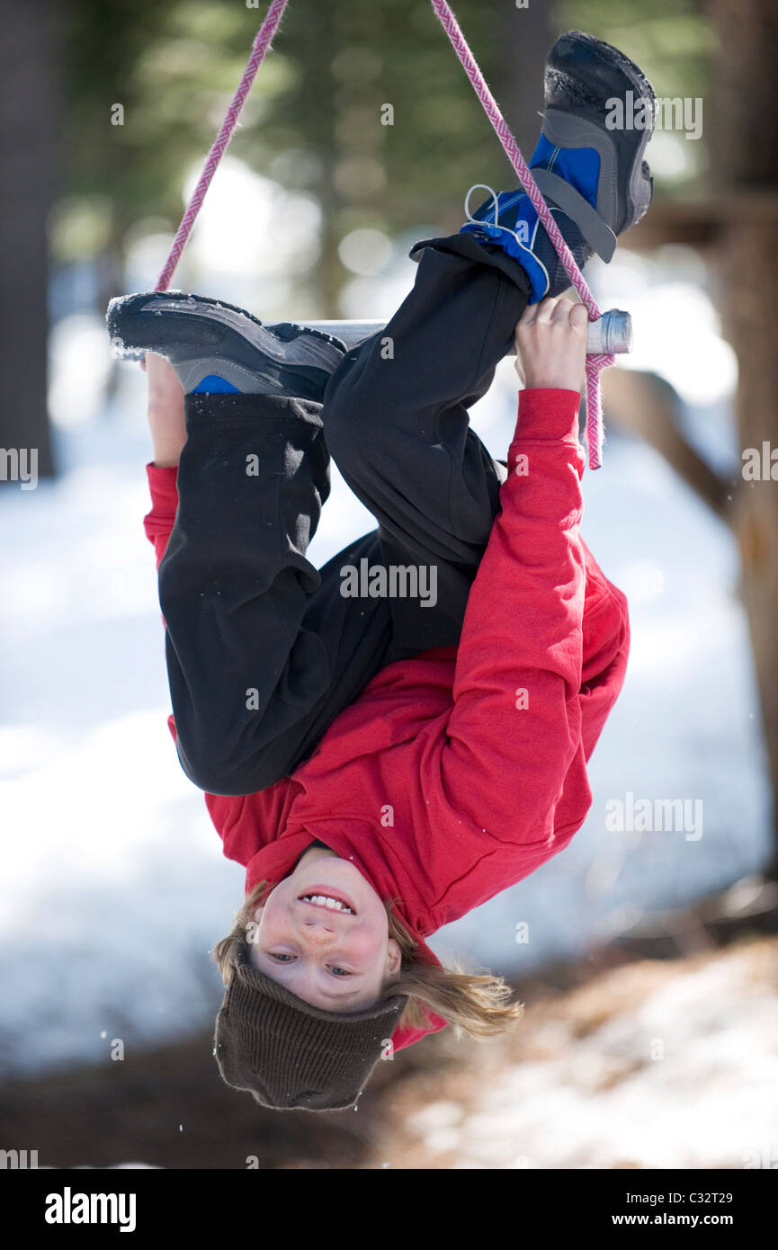 A boy ziplines over the snow in Lake Tahoe, California Stock Photo - Alamy