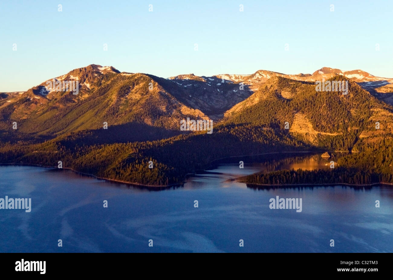 An aerial view of Emerald Bay and Mount Tallac at sunrise in Lake Tahoe ...
