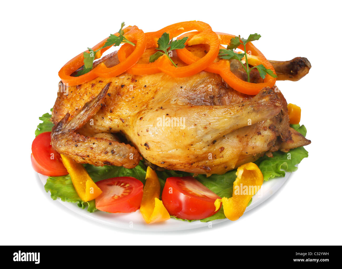 fried hen with vegetables isolated on white background Stock Photo - Alamy