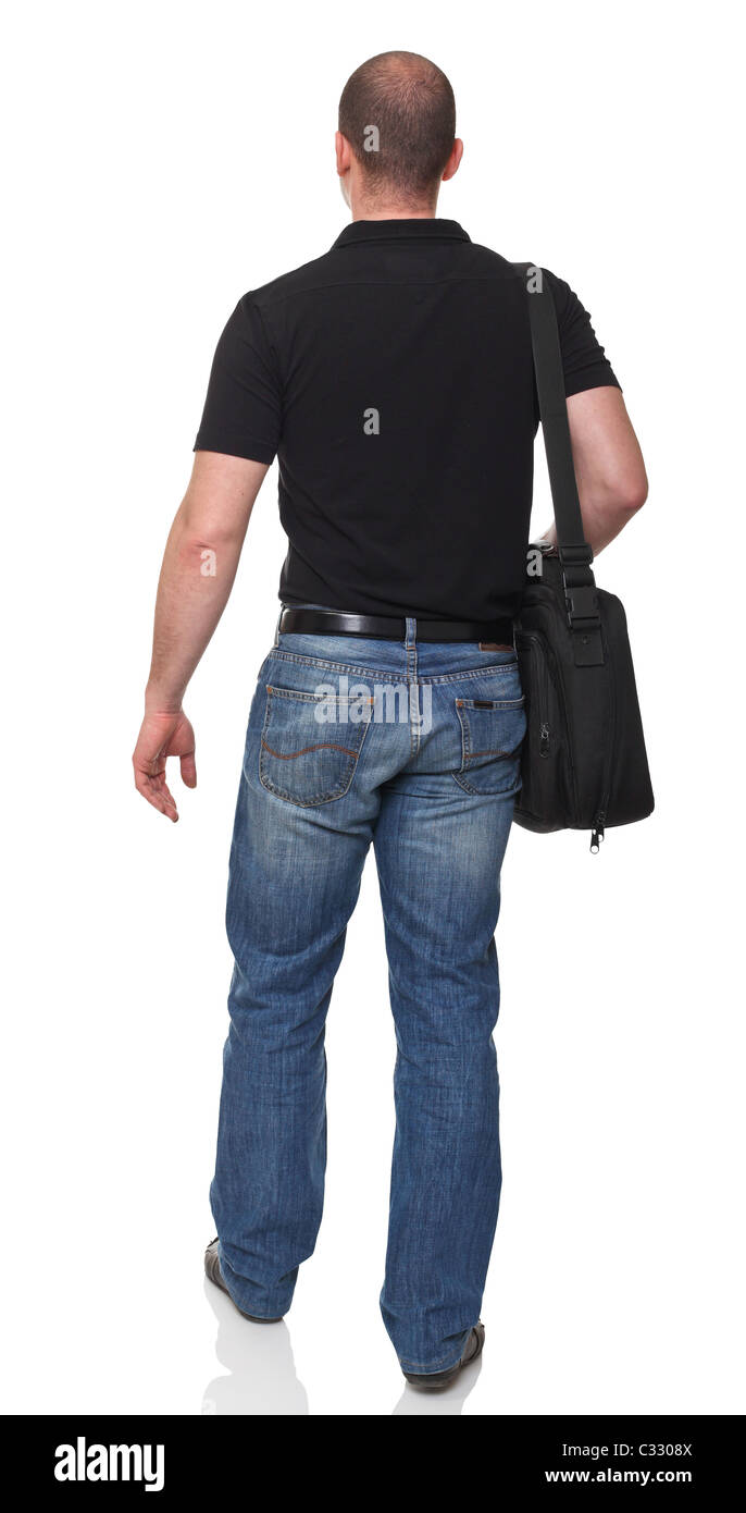 man with bag rear view isolated on white Stock Photo - Alamy