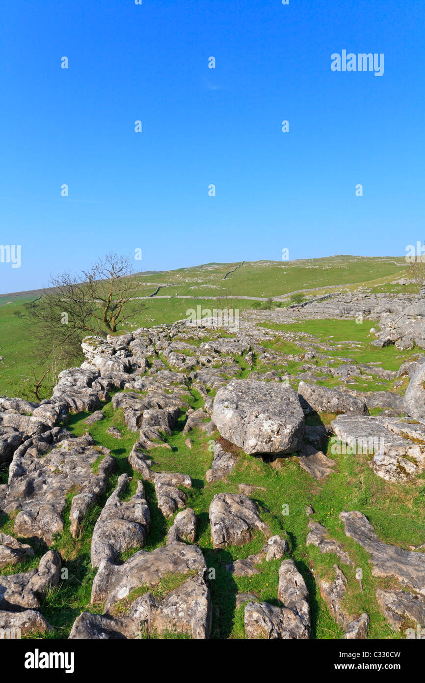 The Pennine Way on Malham Cove limestone pavement, Malham, Malhamdale ...
