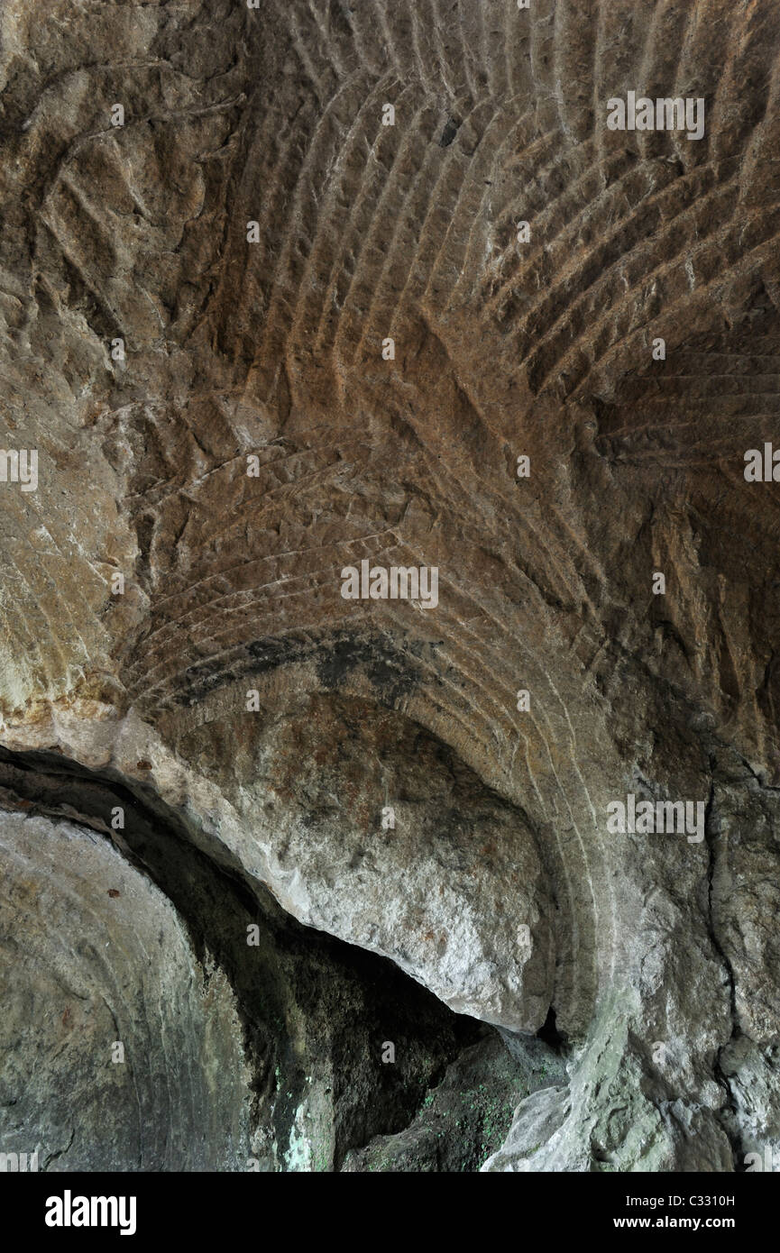 Grooves in sandstone rock from carving millstones at the Hohllay cave ...