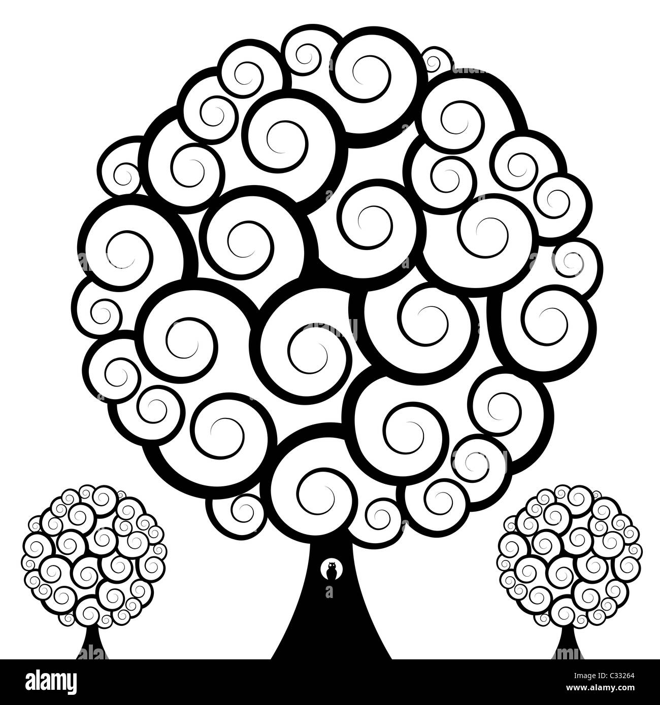 An image of a set of three swirl trees with an owl Stock Photo - Alamy