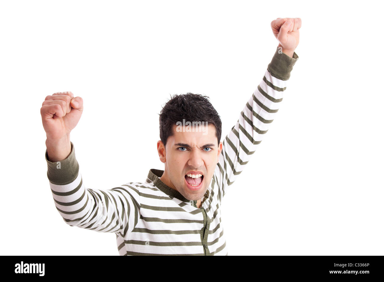 Happy young man with arms up isolated on a white background Stock Photo ...