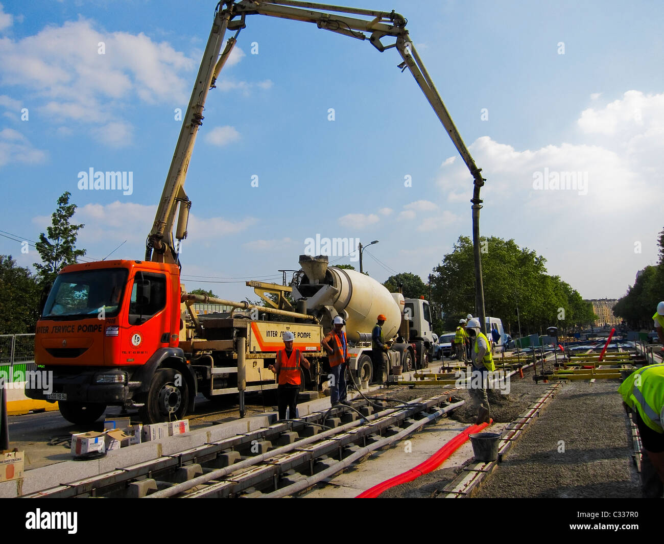 Paris, France, Tramway T3 Construction Site, Men Laying Tracks ...
