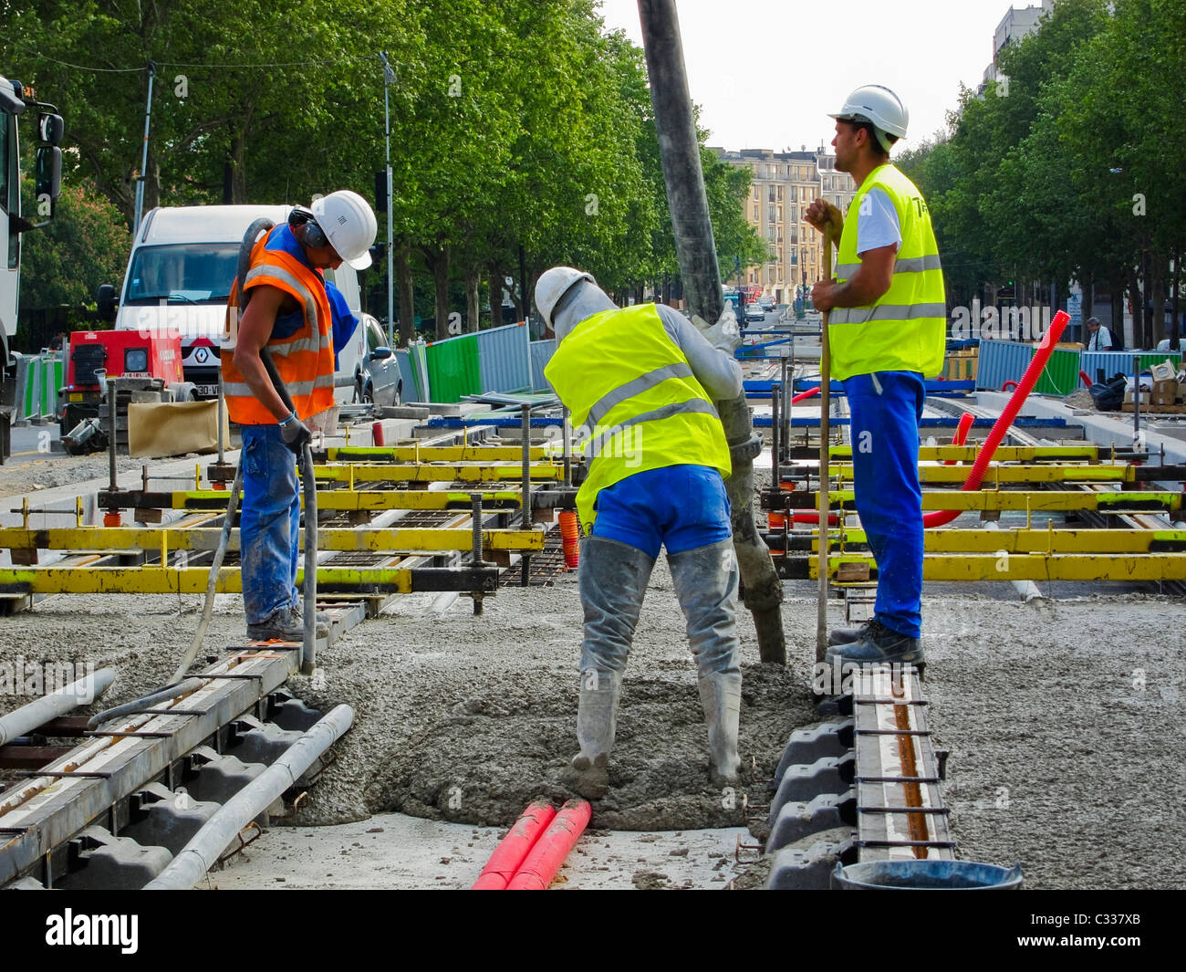 Paris, France, Small Group People, immigrants working, Tramway T3 ...